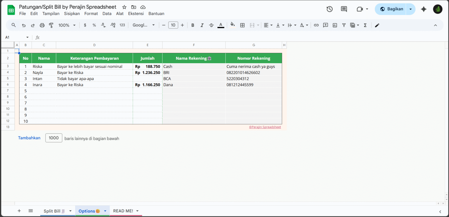 Template Split Bill/Patungan Google Sheets - Perajin Spreadsheet