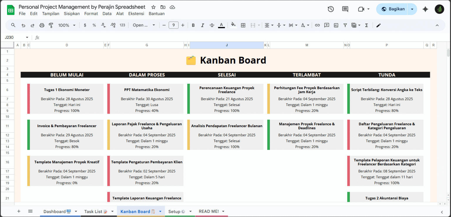 Template Personal Project Management (Google Sheets) - Perajin Spreadsheet