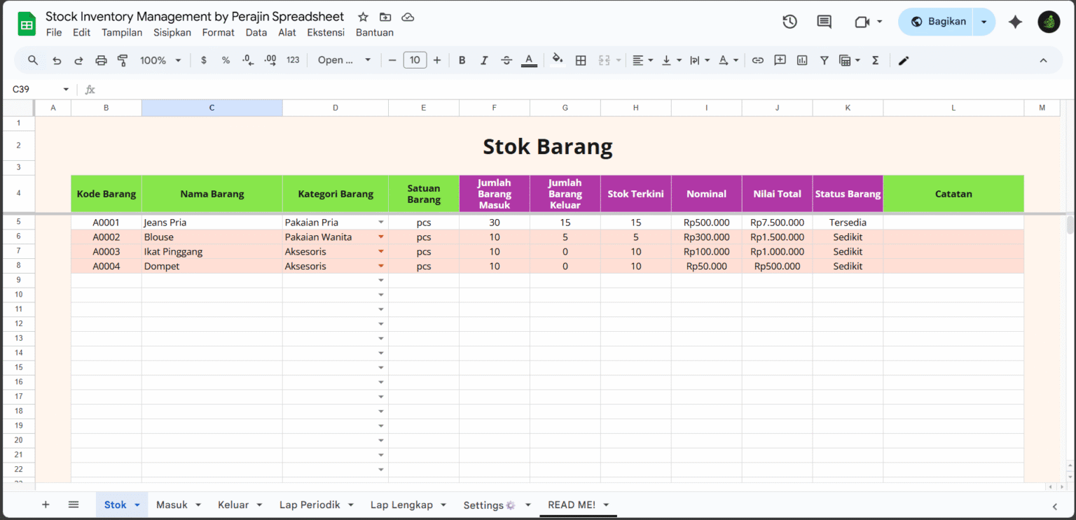Template Stock Inventory Management - Google Sheets - Perajin Spreadsheet